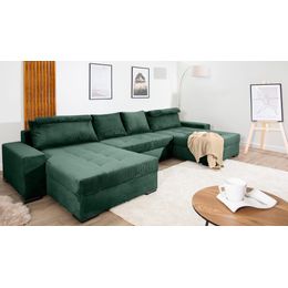 Wohnlandschaft Collection AB, B:352cm H:41cm T:161cm, gr&uuml;n, 100%Polyester, Sofas, "Josy XXXL-Relax U-Form, B: 352 cm", Schlaffunktion, Bettkasten & 2
