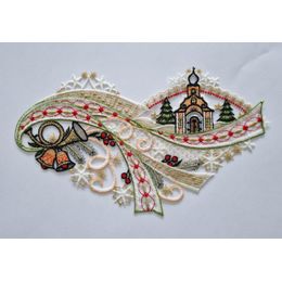Fensterbildbunt, Stickereien Plauen, Polyester, Fensterbilder, "Fensterbild Kirche mit Glocken", echte Plauener Stickerei