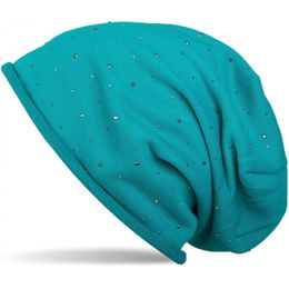 styleBREAKER Damen Beanie "Beanie mit Strass Nieten", blau, Modisch, Obermaterial: 95% Baumwolle CO. 5% Elasthan EL., M&uuml;tzen