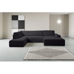 Wohnlandschaft WERK2, B:325cm H:85cm T:190cm, schwarz, 100% Polyester, Sofas, "Rotterdam 325 x 190 cm modern und bequem", Breitcord, U-Form, XXL,
