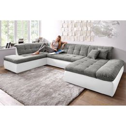 Wohnlandschaft DOMO collection, B:353cm H:80cm T:216cm, grau, Microfaser PRIMABELLE / Struktur (90% Polyester/ 10% Polyacryl);Kunstleder SOFTLUX /