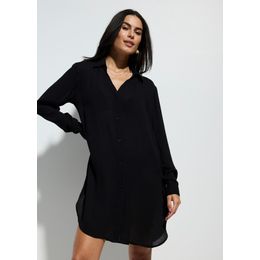 bonprix Damen Hemdblusenkleidschwarz, Gr. 42, Obermaterial: 100% Viskose, Kleider, figurumspielende Passform, mit Hemdblusenkragen, aus Viskose,