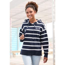 ELBSAND Damen Kapuzensweatshirt "Marvi", blau, Gr. M, gestreift, Sweatware, Obermaterial: 95% Baumwolle, 5% Elasthan, Sweatshirts, mit Logoprint