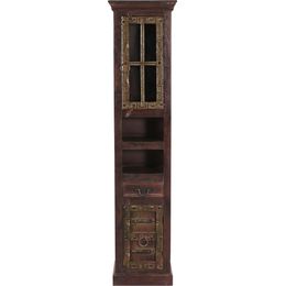 Hochschrank Sit, B:44cm H:188cm T:35cm, braun, Massivholz, Badezimmer, Schr&auml;nke, "Valletta aus Altholz mit Schnitzereien & Stauraum", 2 T&uuml;ren,