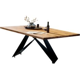 Esstisch Sit, B:220cm H:76,4cm T:100cm, braun, Teak, Metall (Eisen), Tische, "Dinan aus Teak mit 50-mm-Platte & Cross-Base-Gestell", Recyceltes Teak