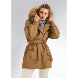 Madeleine Mode MADELEINE Damen Parka "Parka Parka mit Kapuze und abnehmbarem Fake-Fur", beige, Modern, Gr. 42, Obermaterial: 65% Polyester PES. 35% Baumwolle CO.,