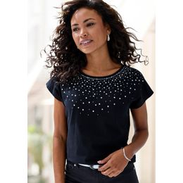 Lascana Damen T-Shirt "mit glitzerndem Frontprint", schwarz, Gr. 48, bedruckt, Single Jersey, Obermaterial: 50% Baumwolle, 50% Viskose (LENZING