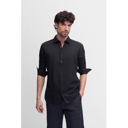 Cinque Herren Langarmhemd "CISTEVEN", schwarz, Gr. L, unifarben, Web, Obermaterial: 55% Leinen, 45% Baumwolle, Hemden, Kentkragen, Regular Fit