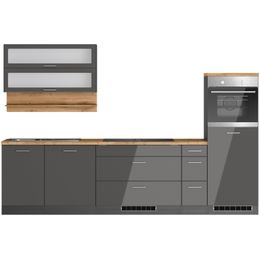 K&uuml;chenzeile KOCHSTATION, B:300cm H:166cm T:60cm, grau, Komplettk&uuml;chen-Sets, "KS-Milan, optional mit Muldenl&uuml;fter", Breite 300 cm, wahlweise mit