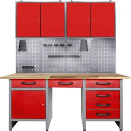 ONDIS24 Werkstatt-Set, B:160cm H:205cm T:60cm, rot, Werkb&auml;nke, 160 cm, mit LED
