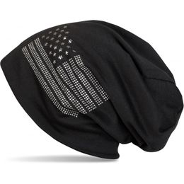 styleBREAKER Damen Beanie "Beanie mit USA Flagge aus Strass", schwarz, Modisch, Obermaterial: 50% Viskose CV. 50% Polyester PES., M&uuml;tzen