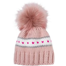 styleBREAKER Jungen Strickm&uuml;tze "Kinder Strick Bommelm&uuml;tze Herzmuster", rosa, Modisch, M&uuml;tzen