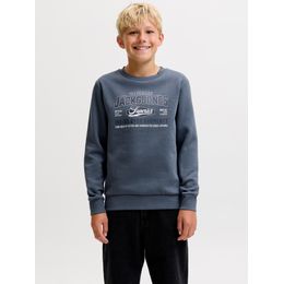 Jack & Jones Kinder Sweatshirt "JJELOGO SWEAT CREW 2 COL AW26 SN JNR", blau, Gr. 140, JACK & JONES JUNIOR, bedruckt, angeraute Sweatware, Obermaterial: 70%