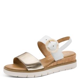Marco Tozzi Damen Keilsandalette, Gr. 41wei&szlig;, goldfarben, Lederimitat, gl&auml;nzend, Schuhe, Riemchensandale, Sommerschuh in veganer Verarbeitung