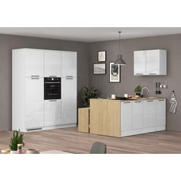 K&uuml;chenzeile KOCHSTATION, B:380cm, wei&szlig;, Komplettk&uuml;chen-Sets, "Luna, K&uuml;chenblock, K&uuml;cheninsel, H&auml;ngeschrank, Made in Italy", 3er-Set, Metallgriffe,