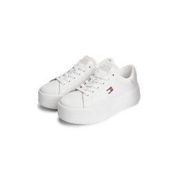 Tommy Jeans Damen Plateausneaker "TJW SCRIPT CUPSOLE FLATFORM", Gr. 37, wei&szlig;, Leder, kontrastfarbene Details, unifarben mit Farbeinsatz, Basic,