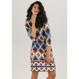 Damen Minikleid, blau, Gr. 38, Aniston SELECTED, bedruckt, gemustert, Milano Rib, Obermaterial: 89% Viskose, 9% Polyester, 2% Elasthan, Kleider, mit