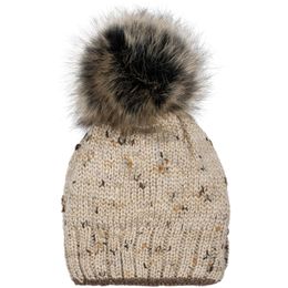 styleBREAKER Damen Bommelm&uuml;tze "Bunt gemusterte Bommelm&uuml;tze mit Glitzerfaden", beige, Modisch, 67% Polyacryl PAN. 15% Polyester PES. 18% Wolle WO.
