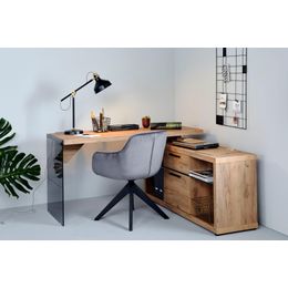 Eckschreibtisch Jahnke, B:141,8cm H:74cm T:140cm, grau, B&uuml;ro, Tische, "LUX", wechselseitig montierbar, Seitenteil aus ESG Sicherheitsglas