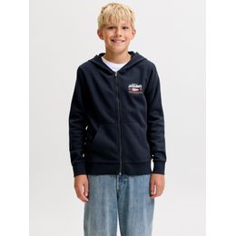 Jack & Jones Kinder Kapuzensweatjacke "JJELOGO SWEAT ZIP HOOD 2 COL AW26 SN JNR"navy blazer, Gr. 164, JACK & JONES JUNIOR, bedruckt, angeraute Sweatware,