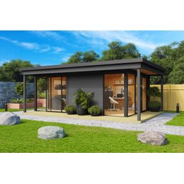 Gartenhaus Lasita Maja, grau, Massivholz, Gartenh&auml;user, "Domeo 3 Loggia", mit &Uuml;berdachung, Position der Zwischenwand flexibel