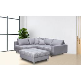 Ecksofa Collection AB, B:215cm T:184cm, grau, 100% Polyester, Wohnzimmer, Sofas, "Cannes L-Form, B: 215 cm", Set: Sofa & Hocker, 2 Zierkissen,