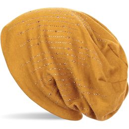 styleBREAKER Damen Beanie "Beanie mit Strass Streifen", gelb, Modisch, Obermaterial: 100% Viskose CV., M&uuml;tzen
