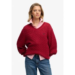 Superdry Damen V-Ausschnitt-Pullover "OVERSIZED CABLE V NECK JUMPER"bordeaux rot, Gr. M, unifarben, Strick, Obermaterial: 100% Baumwolle, Pullover,