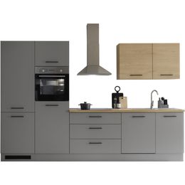K&uuml;chenzeile KOCHSTATION, B:320cm H:211cm T:60cm, grau, Komplettk&uuml;chen-Sets, "KS-Malfi", Breite 320cm, wahlweise mit E-Ger&auml;ten, Arbeitsplatte 38mm