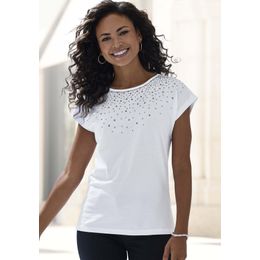 Lascana Damen T-Shirt "mit glitzerndem Frontprint", wei&szlig;, Gr. 32, bedruckt, Single Jersey, Obermaterial: 50% Baumwolle, 50% Viskose (LENZING