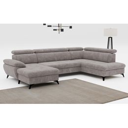 Wohnlandschaft COTTA, B:324cm T:207cm, grau, Sofas, "Hudson U-Form, B: 324 cm", mit Kopfteilverstellung, optional Schlaffunktion & Bettkasten
