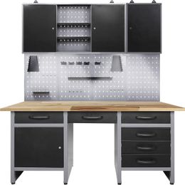 ONDIS24 Werkstatt-Set "Fritz", B:160cm H:205cm T:60cm, schwarz, Werkb&auml;nke, Werkbank mit Lochwand & 2 Werkstattschr&auml;nken