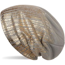 styleBREAKER Damen Strickm&uuml;tze "Feinstrick Beanie mit Metallic Print", grau, Modisch, 100% Polyacryl PAN., M&uuml;tzen