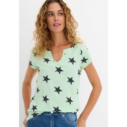 bonprix Damen T-Shirt, gr&uuml;n, Gr. 40, Obermaterial: 100% Baumwolle, Shirts, schmale Passform, Kurzarm-Design, mit Sternprint