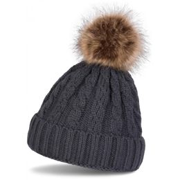 styleBREAKER Damen Bommelm&uuml;tze "Strickm&uuml;tze mit Zopfmuster & Kunstfellbommel", grau, Modisch, Obermaterial: 100% Polyacryl PAN., M&uuml;tzen