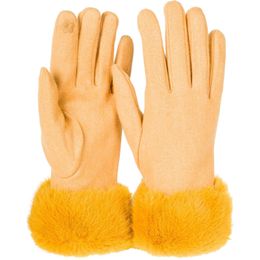 styleBREAKER Damen Fleecehandschuhe "Unifarbene Touchscreen Handschuhe mit Kunstfell", gelb, Obermaterial: 45% Viskose CV. 20% Baumwolle CO. 35%