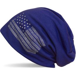 styleBREAKER Damen Beanie "Beanie mit USA Flagge aus Strass", blau, Modisch, Obermaterial: 50% Viskose CV. 50% Polyester PES., M&uuml;tzen