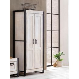 Garderobenschrank Sit, B:80cm H:180cm T:45cm, schwarz-wei&szlig;, Massivholz, Metall, Flur, Schr&auml;nke, "CANE Mangoholz White Wash mit Altmetall-Akzenten",