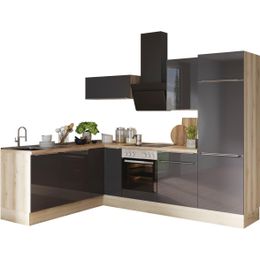 Winkelk&uuml;che KOCHSTATION, B:270cm H:212cm T:60cm, grau, Komplettk&uuml;chen-Sets, "KS-Aken", wahlweise mit E-Ger&auml;ten und Stellvariante Sp&uuml;le links oder