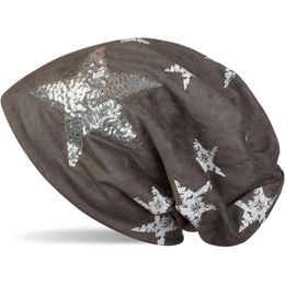 styleBREAKER Damen Beanie "Beanie in Veloursleder Optik mit Pailletten Stern", grau, Modisch, 100% Viskose CV., M&uuml;tzen
