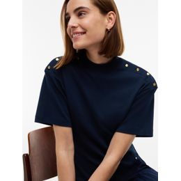 Tommy Hilfiger Damen Strickkleid "GOLD BUTTON HIGH-NK S/S DRESS", blau, Gr. L, unifarben, Strick, Obermaterial: 100% Baumwolle, Kleider, Baumwolle
