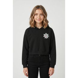 name it M&auml;dchen Kapuzensweatshirt "NKFKORY LS CROP BOXY SWE WH BRU PS NOOS", schwarz, Gr. 116, bedruckt, Sweatware, Obermaterial: 60% Baumwolle, 40%
