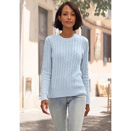Lascana Damen Rundhalspullover, blau, Gr. 44, unifarben, Strick, Obermaterial: 50% Baumwolle, 50% Polyacryl, Pullover, mit Zopfstrickmuster,