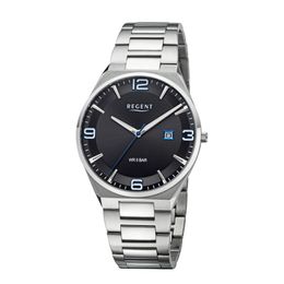 Regent Uhren REGENT Herren Quarzuhrsilberfarben, schwarz, Armbanduhren, Armbanduhr, Herrenuhr, Edelstahlarmband, analog, Tag
