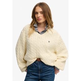 Superdry Damen V-Ausschnitt-Pullover "OVERSIZED CABLE V NECK JUMPER"natural wei&szlig;, Gr. XL, unifarben, Strick, Obermaterial: 100% Baumwolle, Pullover,