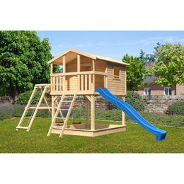 Karibu Stelzenhaus 'Ciana' naturbelassen mit Doppelschaukel, Wellenrutsche blau 748 x 264 x 309 cm