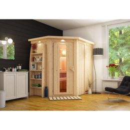 Karibu Energiespar-Elementsauna 'Estella' naturbelassen 3,6 kW Ofen integrierte Steuerung 210 x 165 x 202 cm