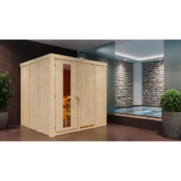 Karibu Elementsauna 'Alesia' naturbelassen mit Energiespart&uuml;r 9 kW Bio-Ofen externe Steuerung Easy 196 x 196 x 198 cm