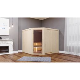 Karibu Elementsauna 'Alma' naturbelassen mit Klarglast&uuml;r 9 kW Bio-Ofen externe Steuerung easy 231 x 196 x 198 cm