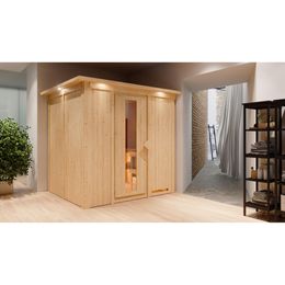 Karibu Elementsauna 'Alejandra' naturbelassen mit Kranz und Energiespart&uuml;r 210 x 184 x 202 cm
